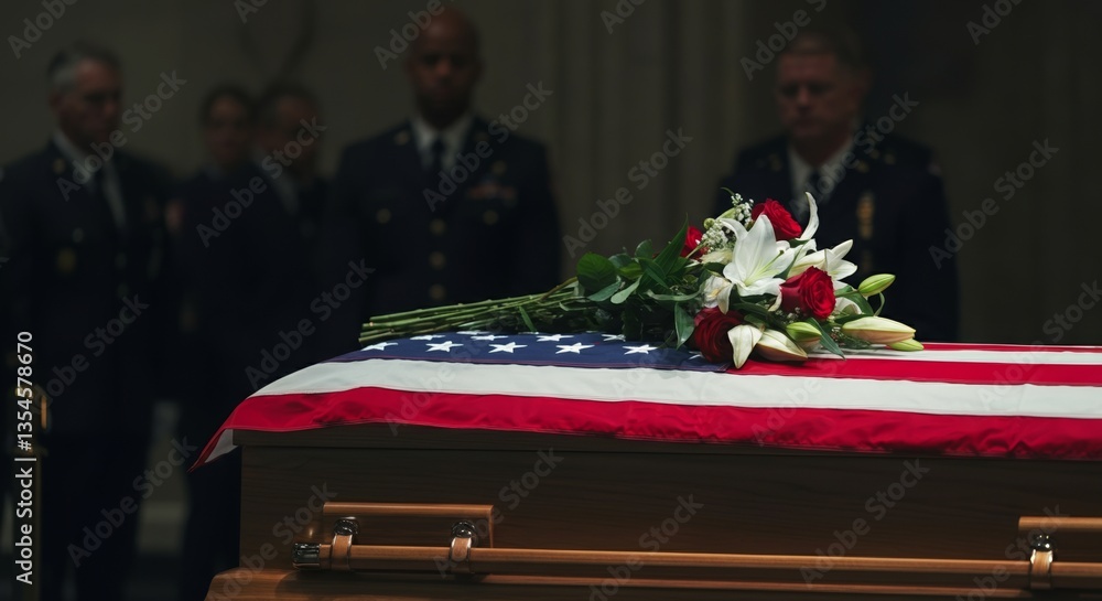 Military funeral with American flag-draped coffin and floral tribute ...