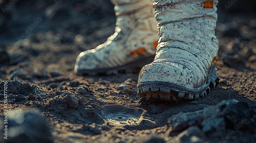 Space Exploration Boots on Rocky Terrain with Circular Mark from ...