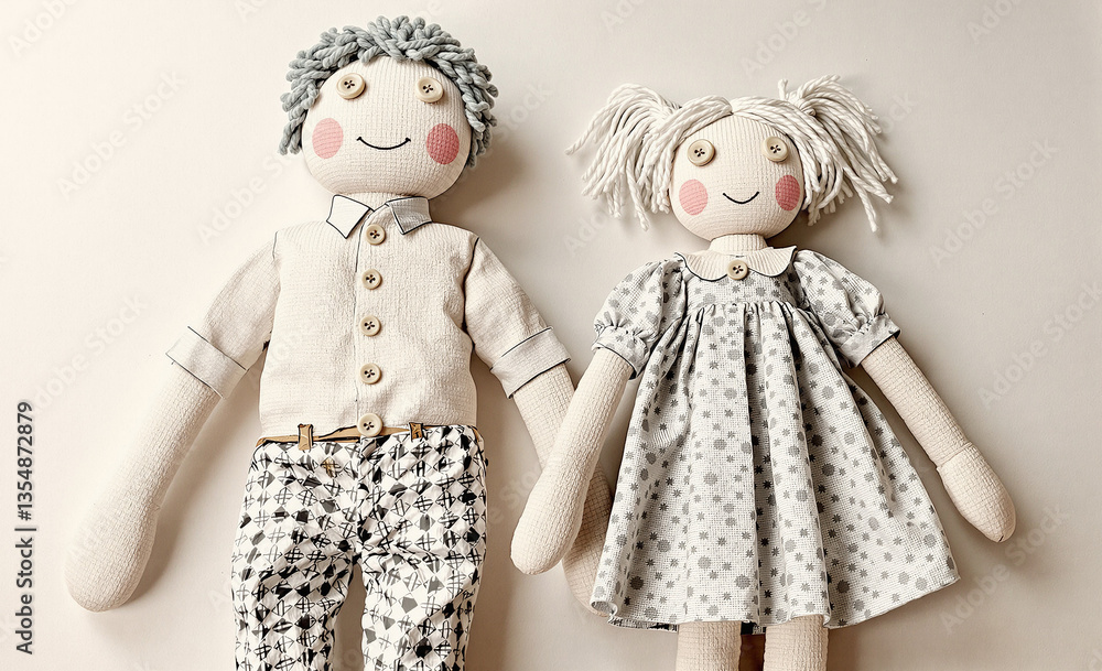 Bonecos de pano de um menino e uma menina com olhos de botão e roupas ...