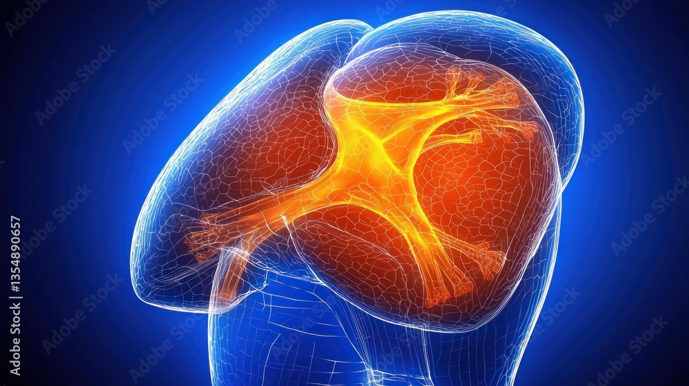 Detailed anatomical illustration of the liver. A 3D medical ...