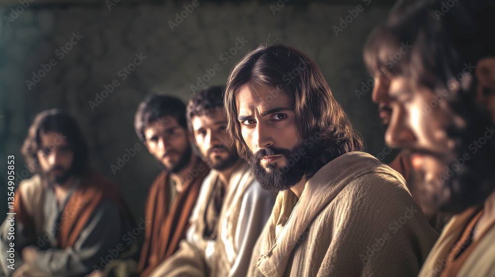 Jesus Christ with his disciples. Photorealistic very high detail shows the bond and unity among ...