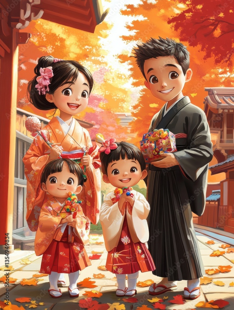 Cartoon family celebrating a Shichi-Go-San with children dressed in ...