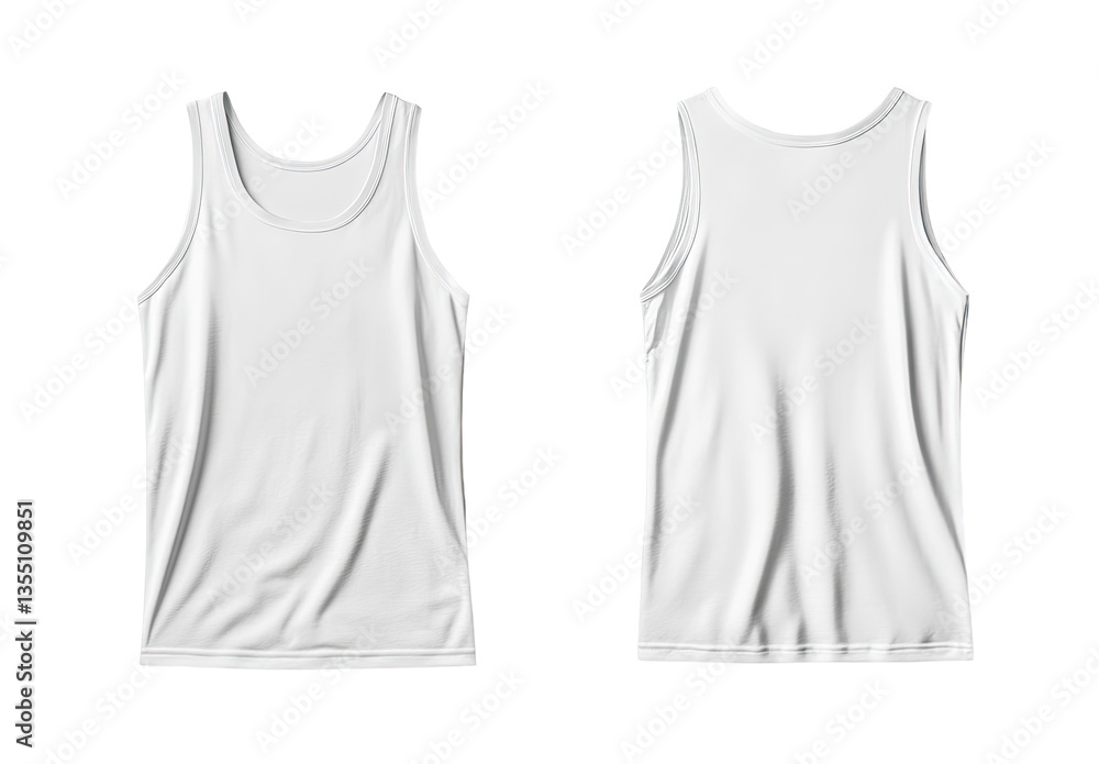 Blank white tank top, front and back views. Features a simple ...