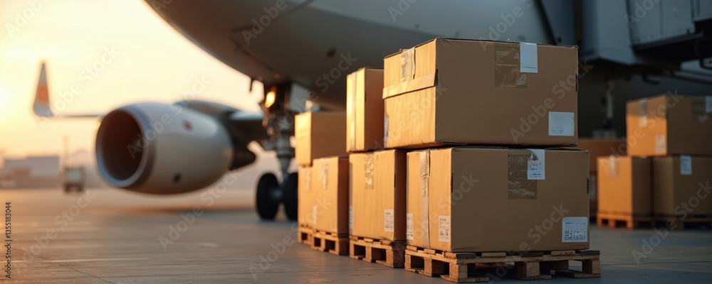 Cargo boxes stacked near airplane. Airport terminal air freight, global ...