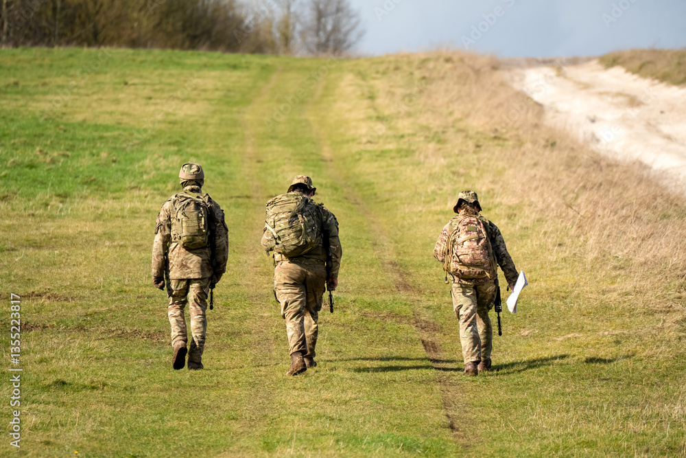 two male and a female British army infantry soldiers on a tab tabbing ...
