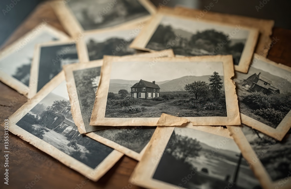 Pile of vintage photographs on wooden surface. Old photos in black ...