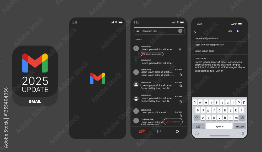 Gmail UI mockup template. Gmail email inbox and message interface design. Gmail user dashboard ...
