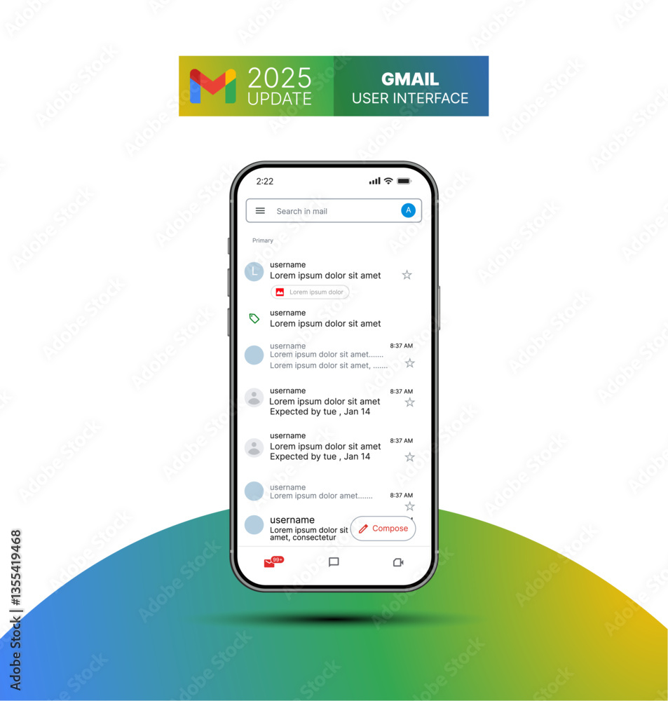 Gmail UI mockup template. Gmail email inbox and message interface design. Gmail user dashboard ...