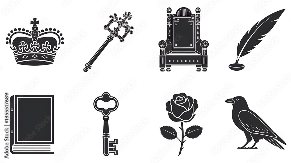 Ilustração Vintage black and white heraldic symbols Royal crown key ...