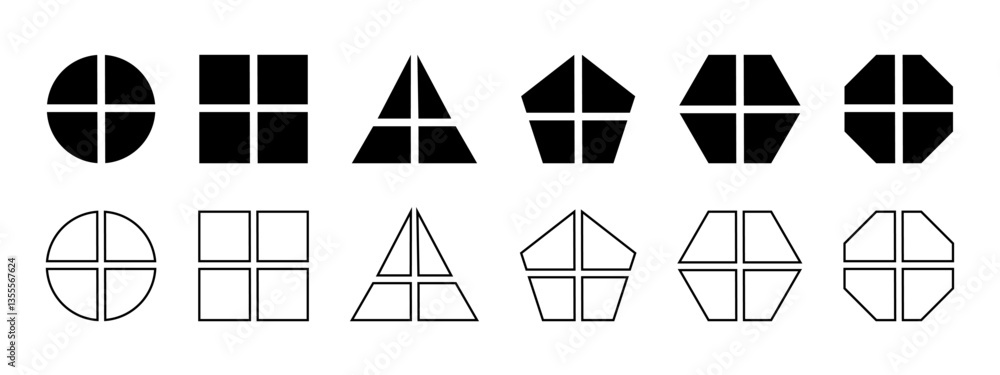 Geometric shapes divided into 4 slices. Round, square and triangle ...