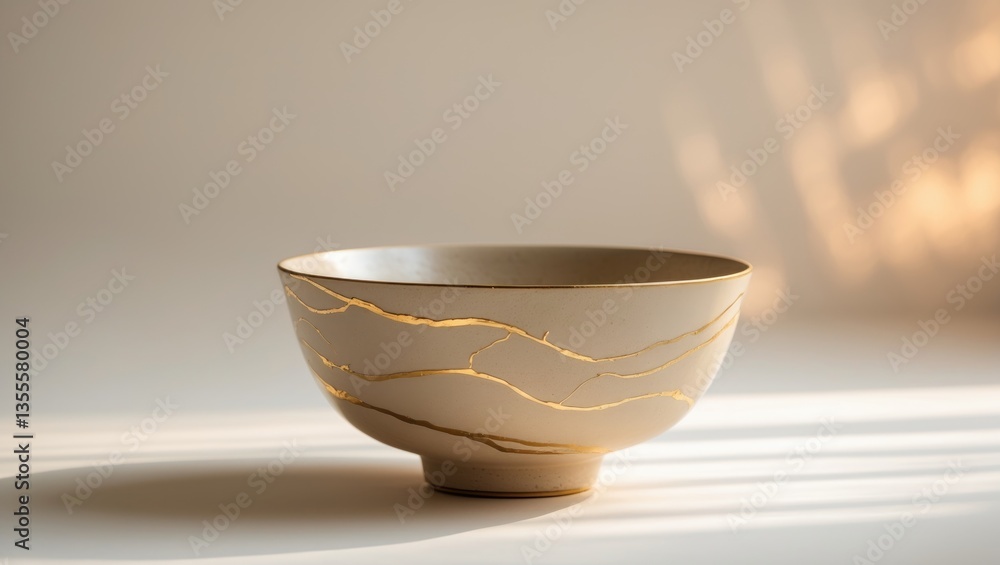 Kintsugi beige tea ceremony chawan. Restoration of old pottery with ...