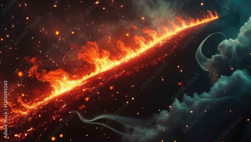 Burning red hot sparks rise from a large fire in the night sky ...