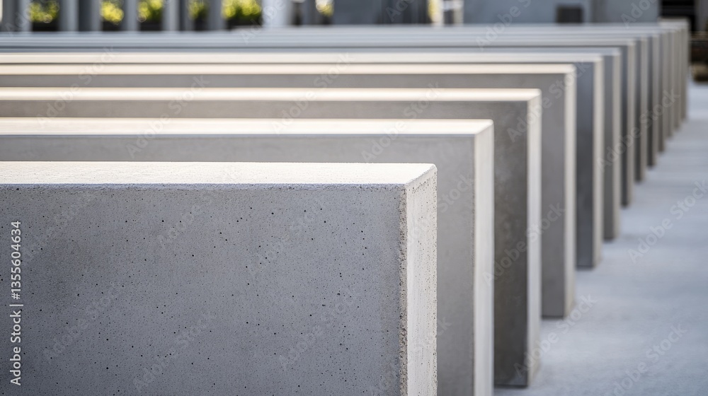 Precast concrete beams lined up in a factory yard, representing ...