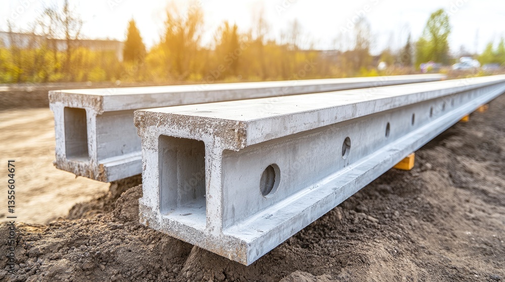 Precast concrete beams lined up in a factory yard, representing ...