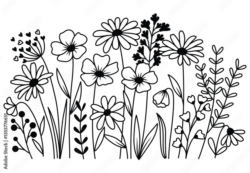 Hand drawn flower meadow Style vector illustration, Wild flower outline ...