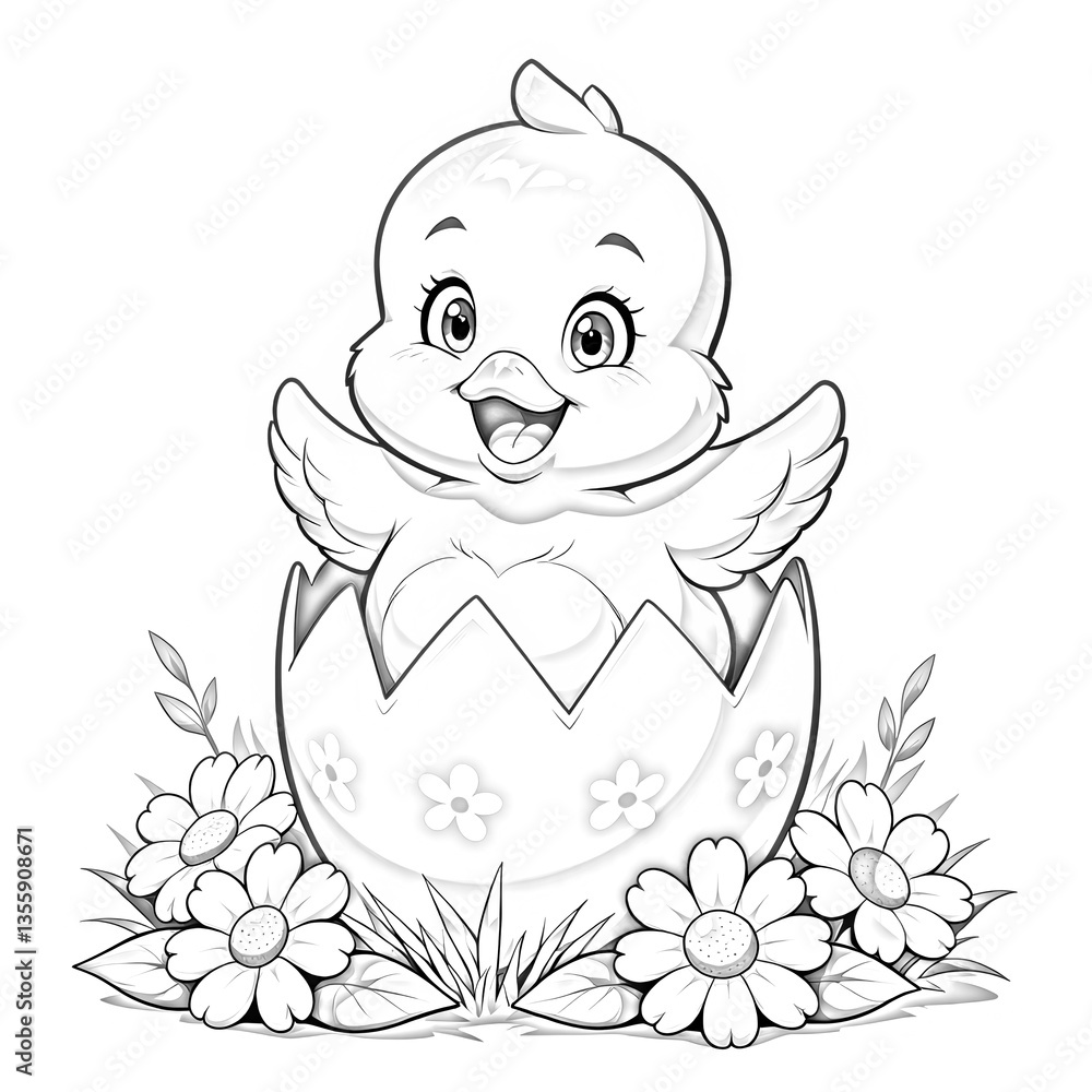Printable Easter Coloring Page: Baby Chick Hatching Under Flowers. A ...