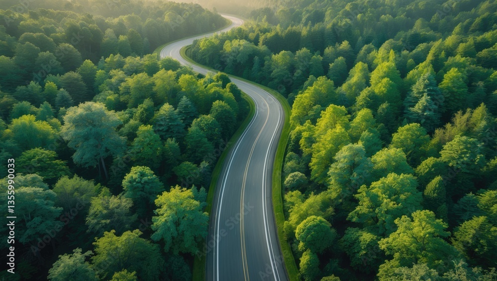 Aerial perspective of thick green trees in a forest and winding highway ...