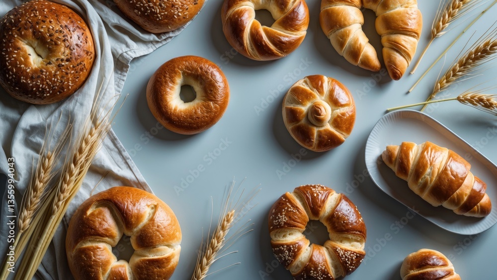 Bakery - different types of bread products. Bread rolls, bagels, sweet ...