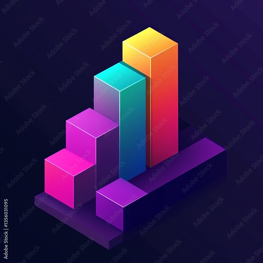 Isometric stacked bar chart with dynamic shadows, sharp lines, and vibrant gradients, modern and ...