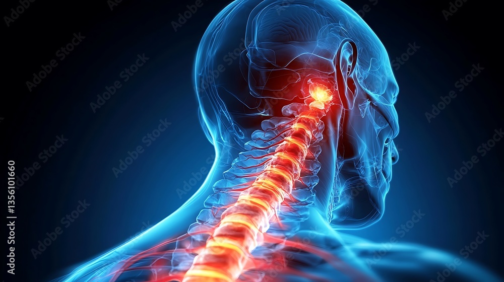 A highly detailed medical visualization of cervical nerve compression ...