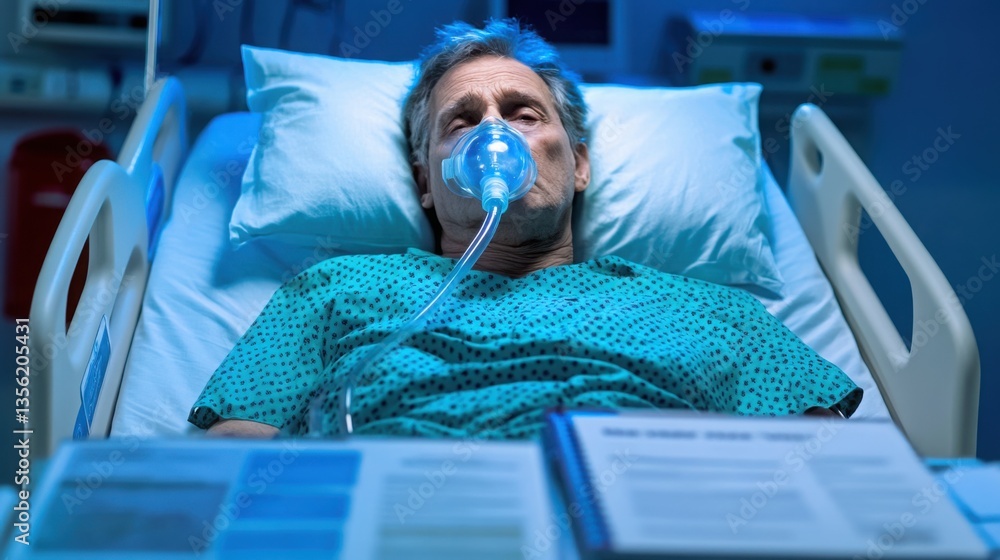 Male patient lying in a hospital bed under dim blue emergency lighting ...