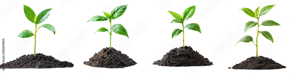 Four Stages of Plant Growth in Soil with Dewy Green Leaves isolated ...