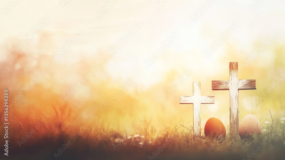Easter-themed background with three crosses and two wooden crosses ...