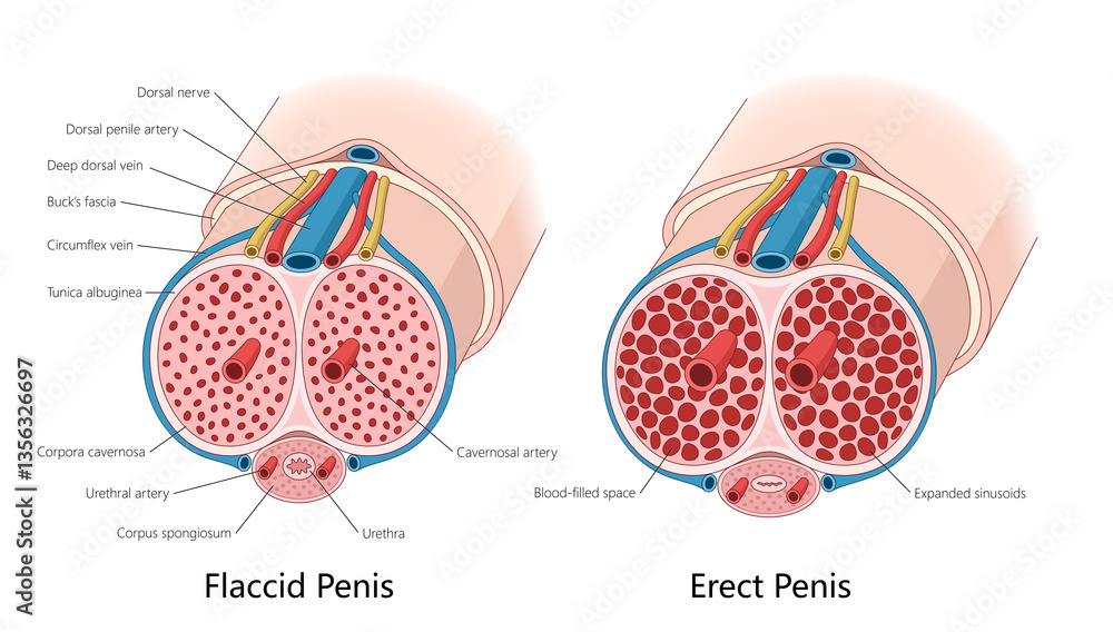 Anatomical Structures Of A Flaccid And Erect Penis Highlighting Blood