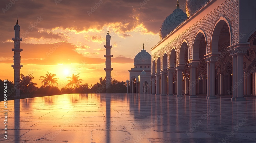 3D mosque exterior with a beautiful sunset, Islamic architecture ...