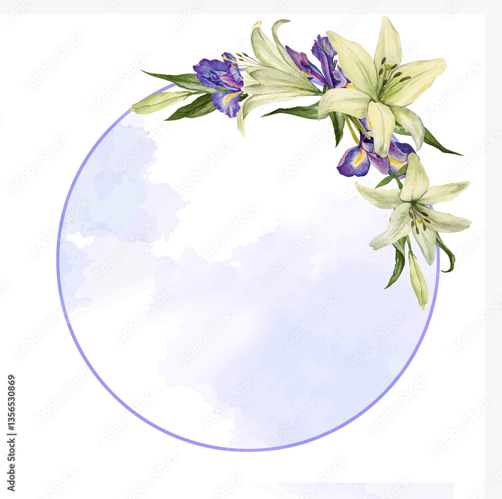 Circle frame with lily and iris flowers on a blue watercolor background ...