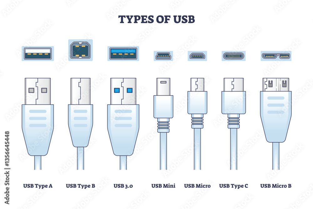 USB types diagram shows connectors like Type A, Type B, and USB-C ...