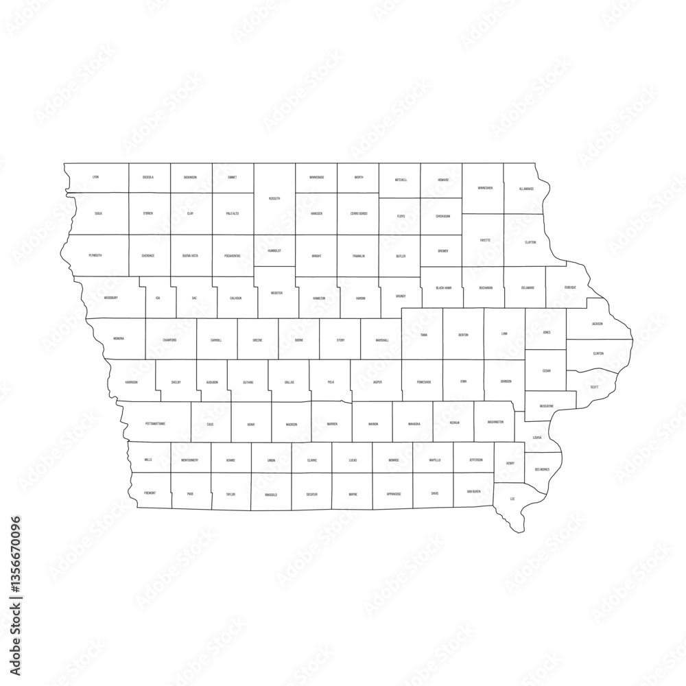 Iowa, IA - detailed political map of US state. Administrative map ...