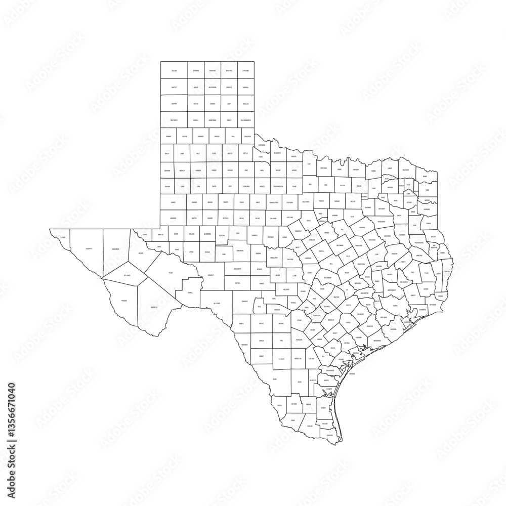 Texas, TX - detailed political map of US state. Administrative map divided into counties. Thin ...