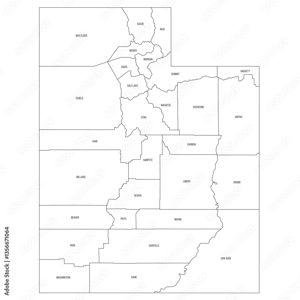 Utah, UT - detailed political map of US state. Administrative map ...