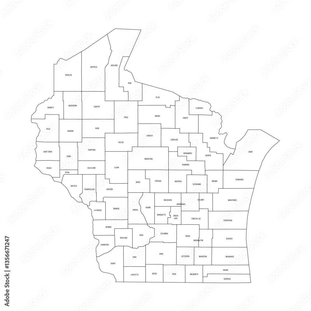 Wisconsin, WI - detailed political map of US state. Administrative map ...