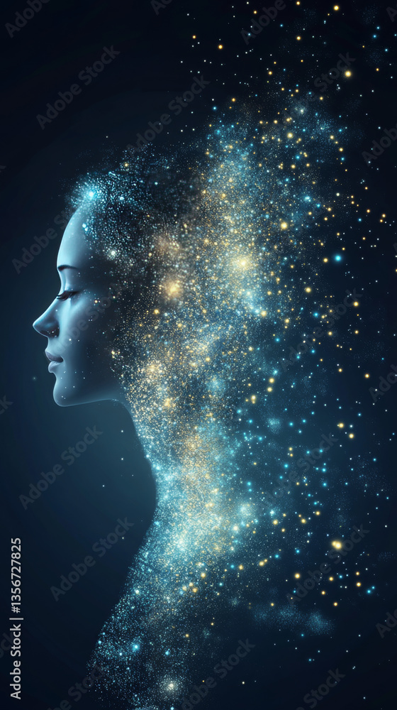 Profile of woman dissolving into glowing stars and cosmic particles ...