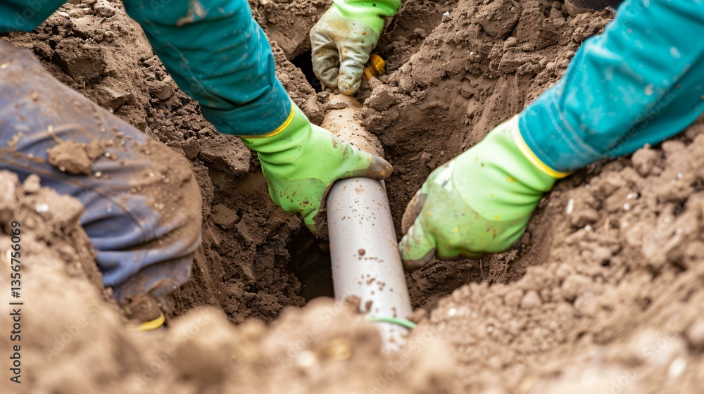 Construction crew installing an underground septic system ...