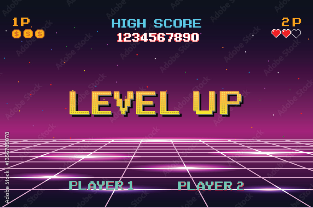 LEVEL UP. pixel art .8 bit game. Retro cyberpunk style 80s game scene ...