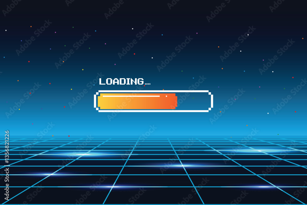 LOADING bar. pixel art. 8 bit. retro game. Retro Futurism Sci-Fi Background. glowing neon grid ...