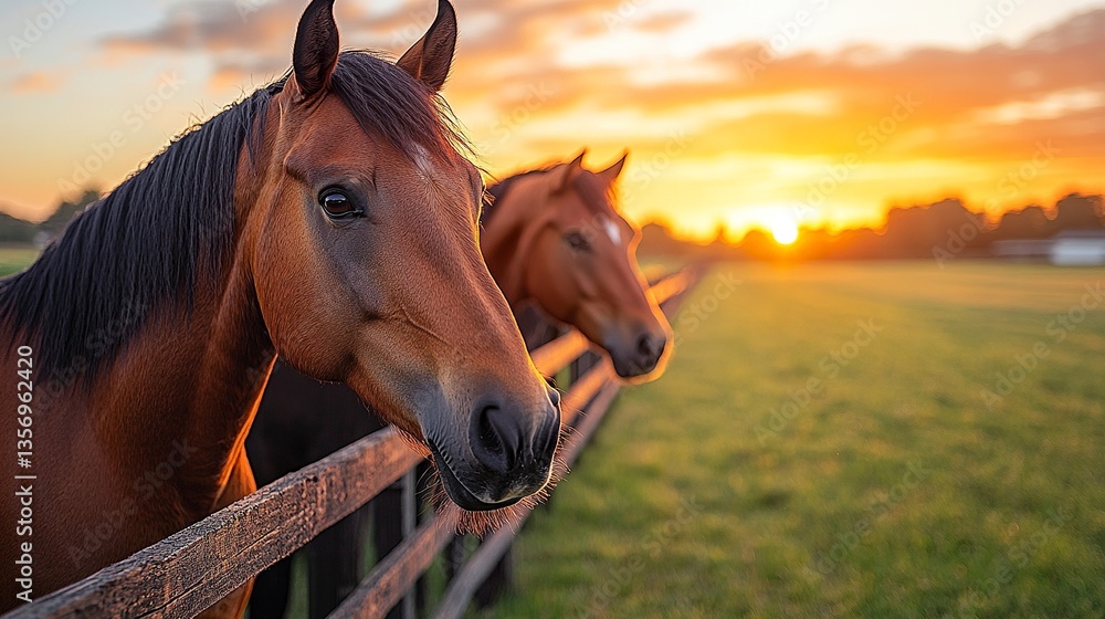 Horses in a lineup, their heads overlapping as they lean over a fence ...