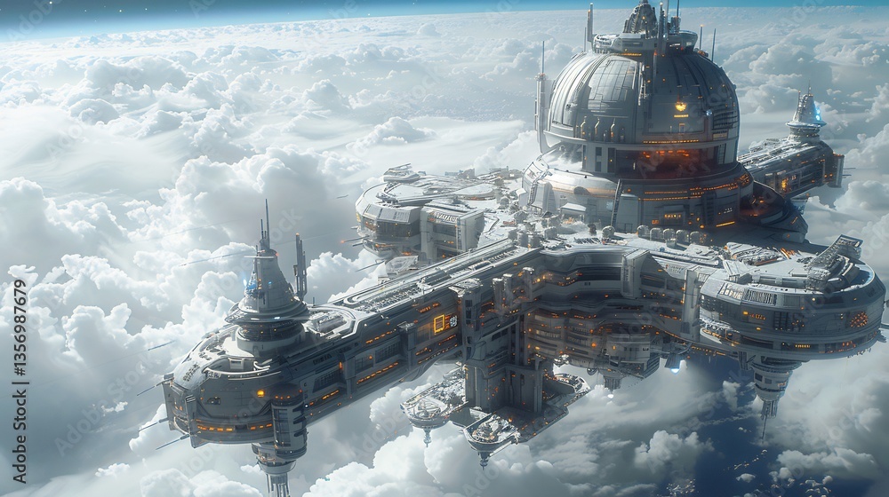 Futuristic weather control facility orbiting Earth trying to stabilize ...