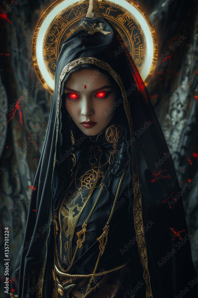 A powerful high priestess with glowing red eyes, rune-decorated ...