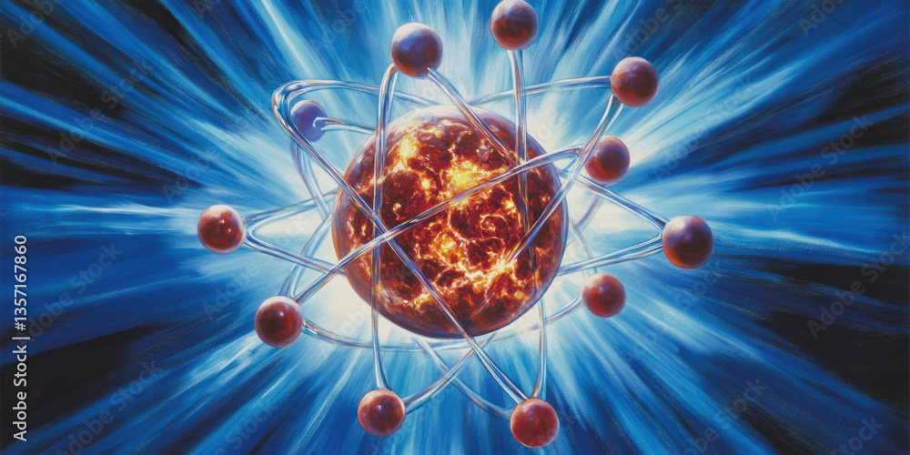 This illustration depicts an atom with a nucleus and orbiting electrons ...
