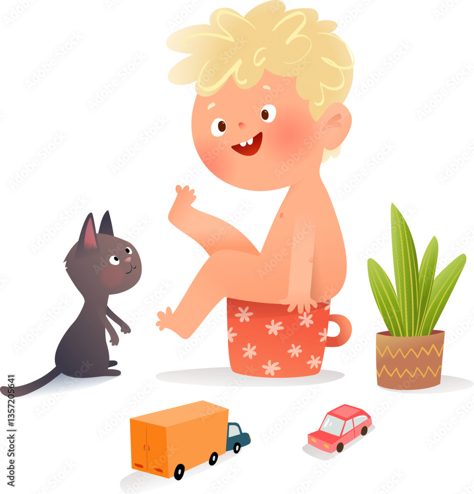 Excited Cute Little Toddler Boy Potty Training. Happy Little boy ...