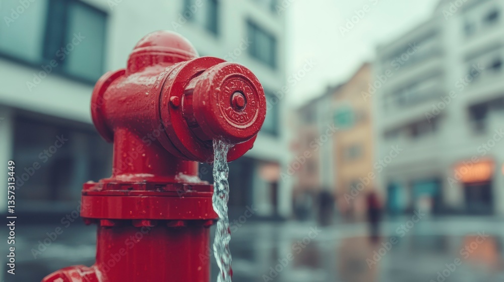 Water flows from a fire hydrant on a rainy day in an urban setting ...
