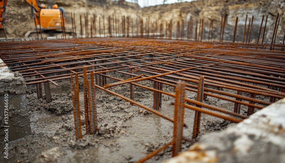 Construction workers prepare a foundation with steel rods embedded in ...