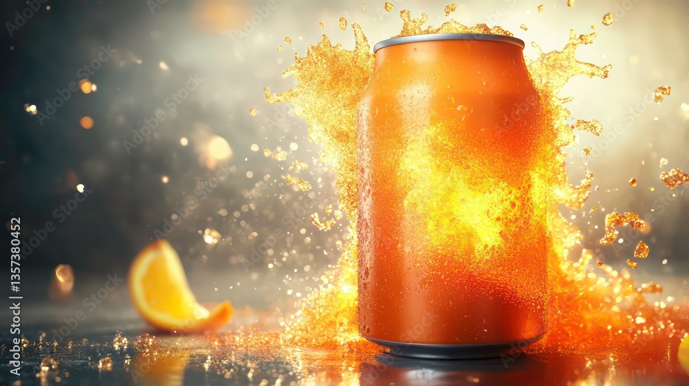 Bright orange soda can with a vibrant explosion of citrus flavors ...