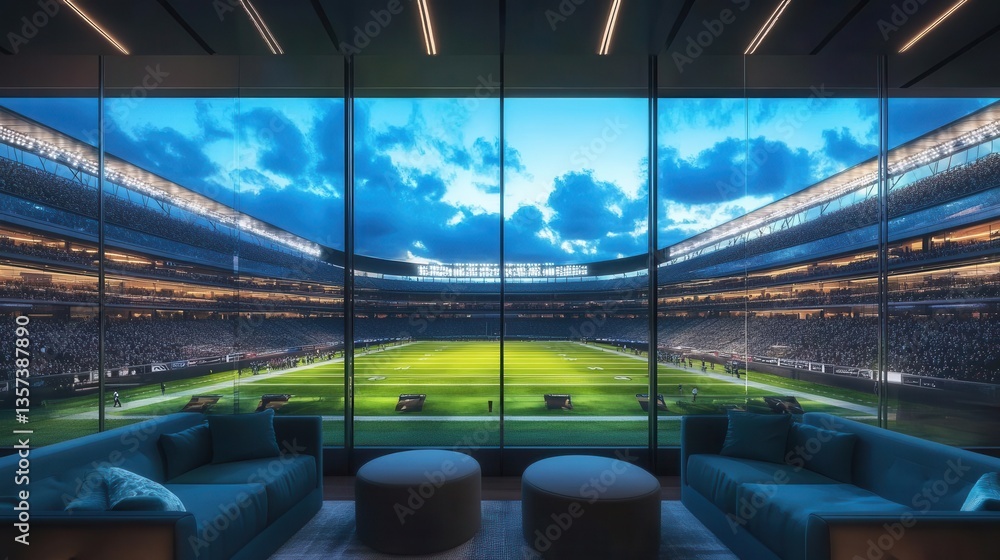 A luxurious living room offers views of an expansive stadium Stock ...