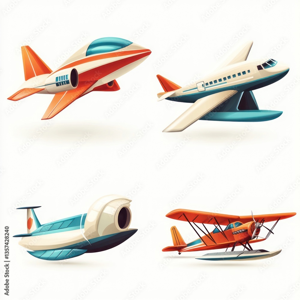 Cartoon aircraft collection. Four different types of stylized airplanes ...