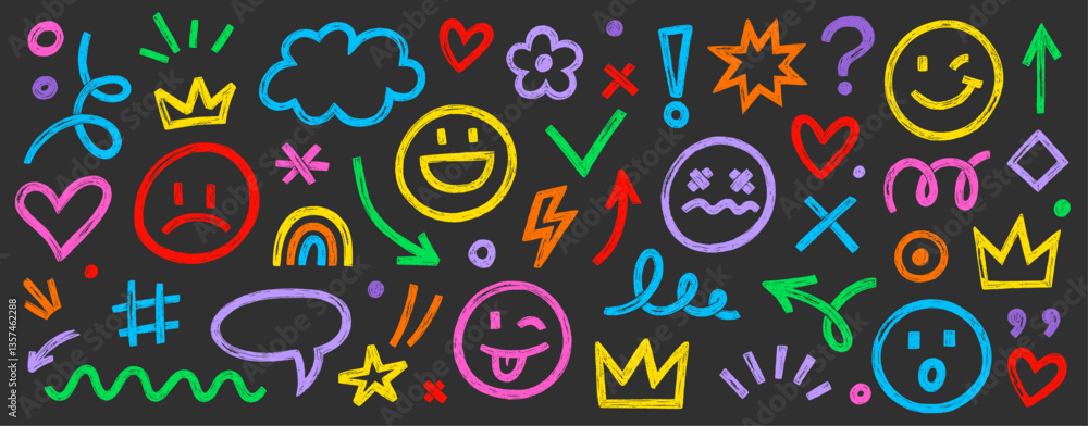 Smile brush hand drawn vector element set. Emoji fun face, heart, crown ...
